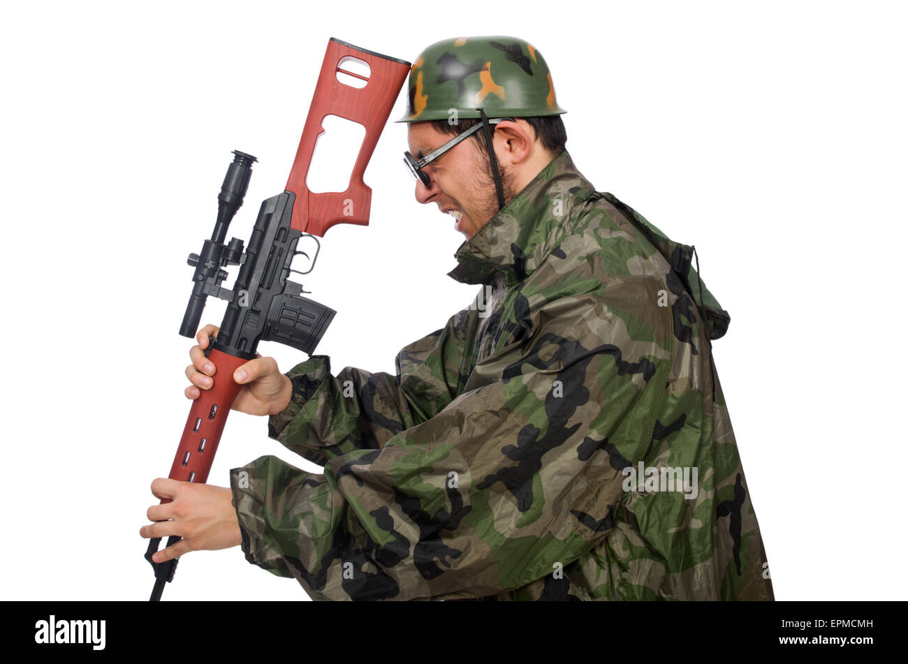 Military man with a gun isolated on white Stock Photo - Alamy