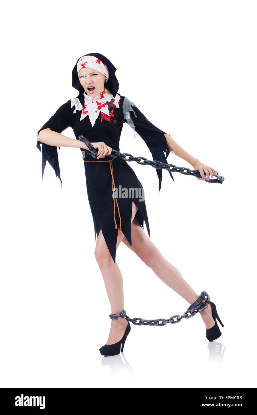 Nun for halloween party isolated on white Stock Photo - Alamy