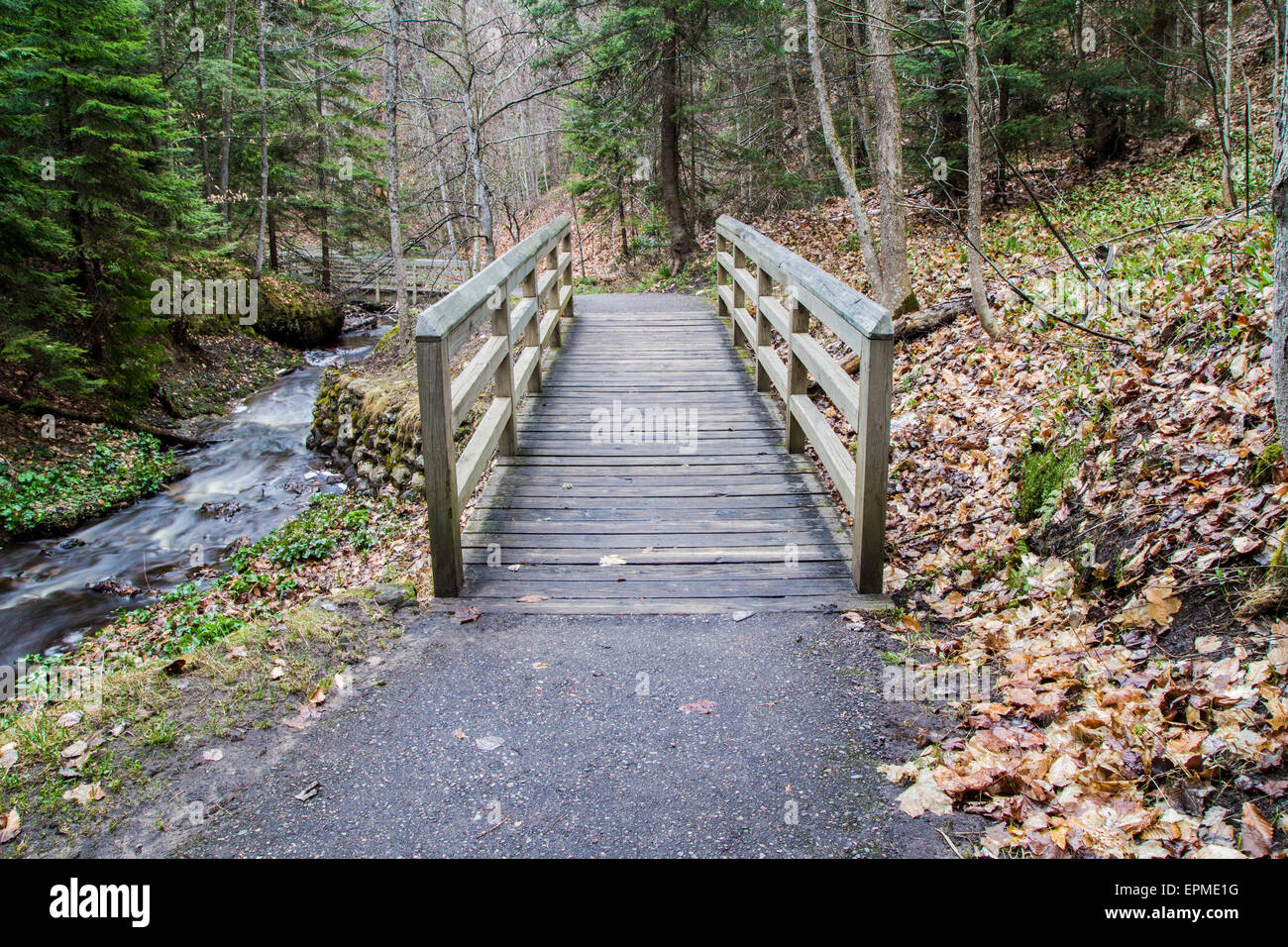 Boardwalk bridge beside a rushing stream in Pictured Rocks National ...