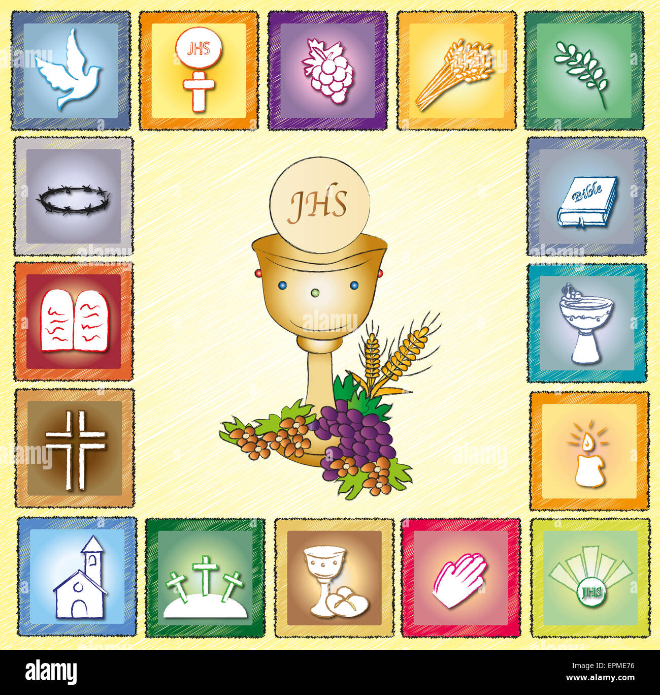 illustration of religion card with icons Stock Photo - Alamy