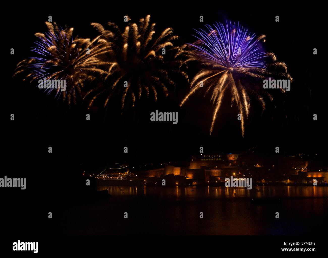 Fireworks. Colorful fireworks with Valletta background, big explosion ...