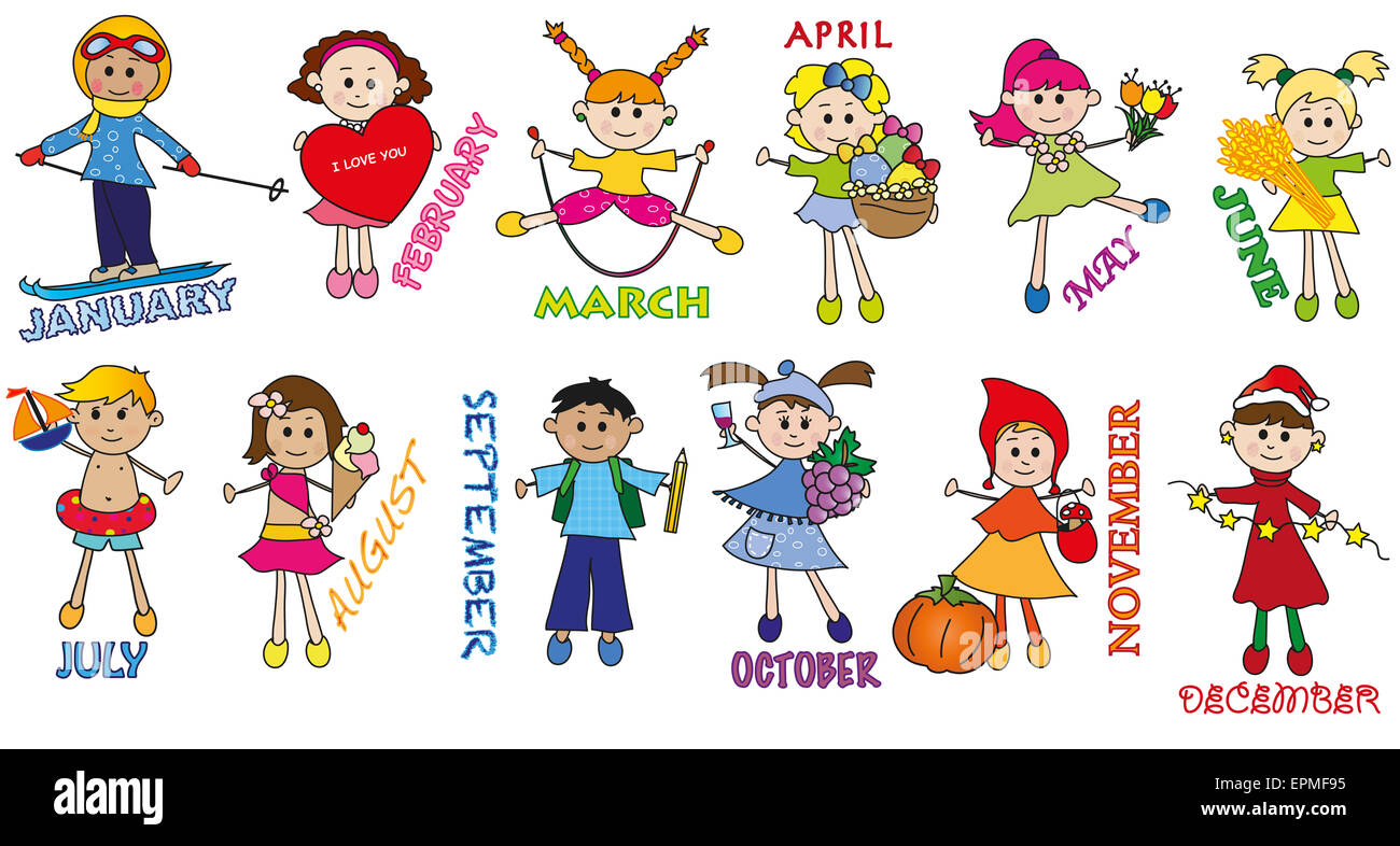 illustration of months with funny children Stock Photo - Alamy