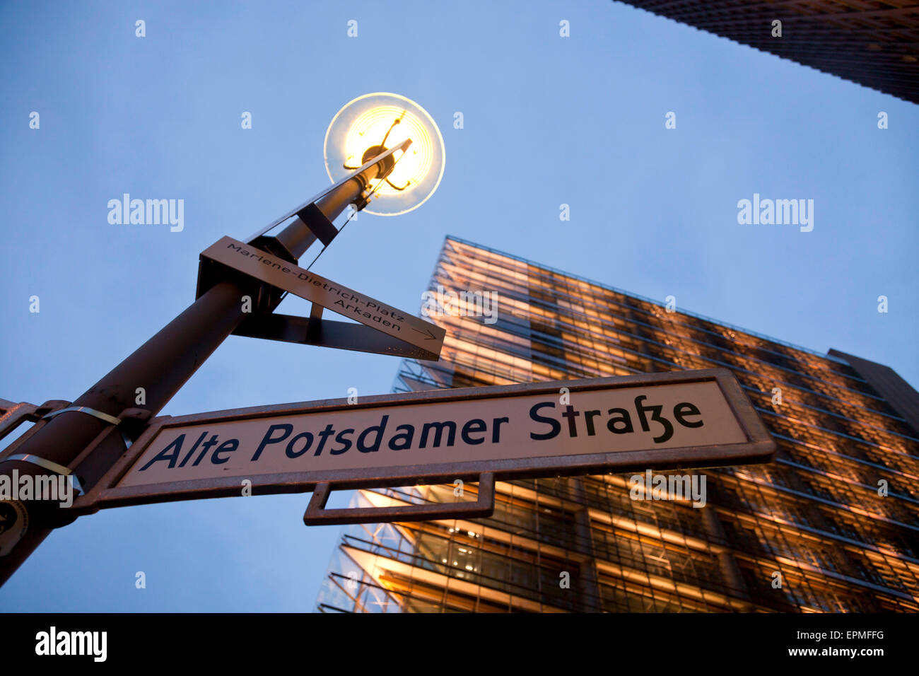 Germany, Berlin, street sign at Potsdamer Platz by night Stock Photo ...