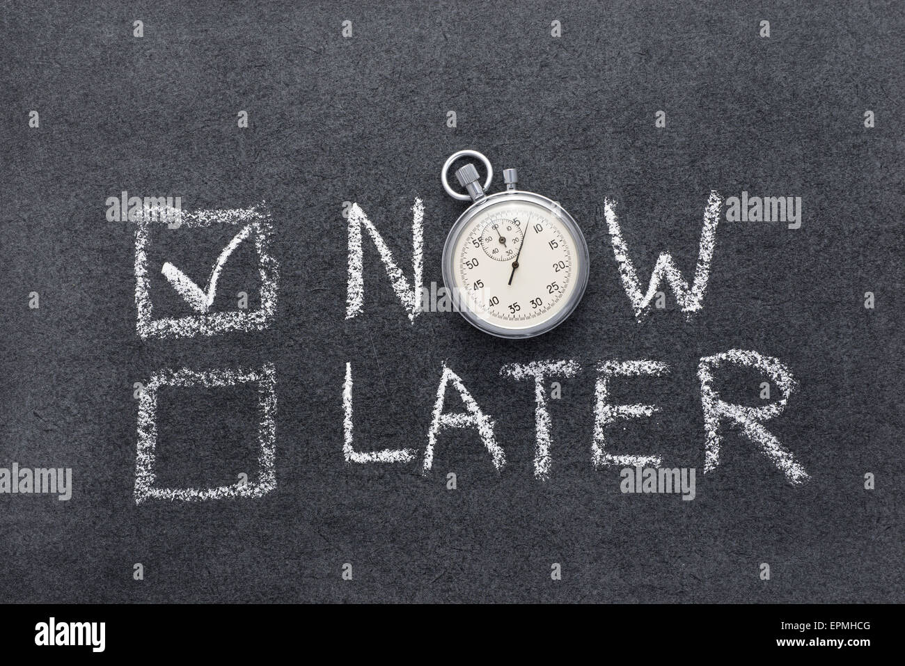 now or later concept handwritten on chalkboard with vintage precise ...