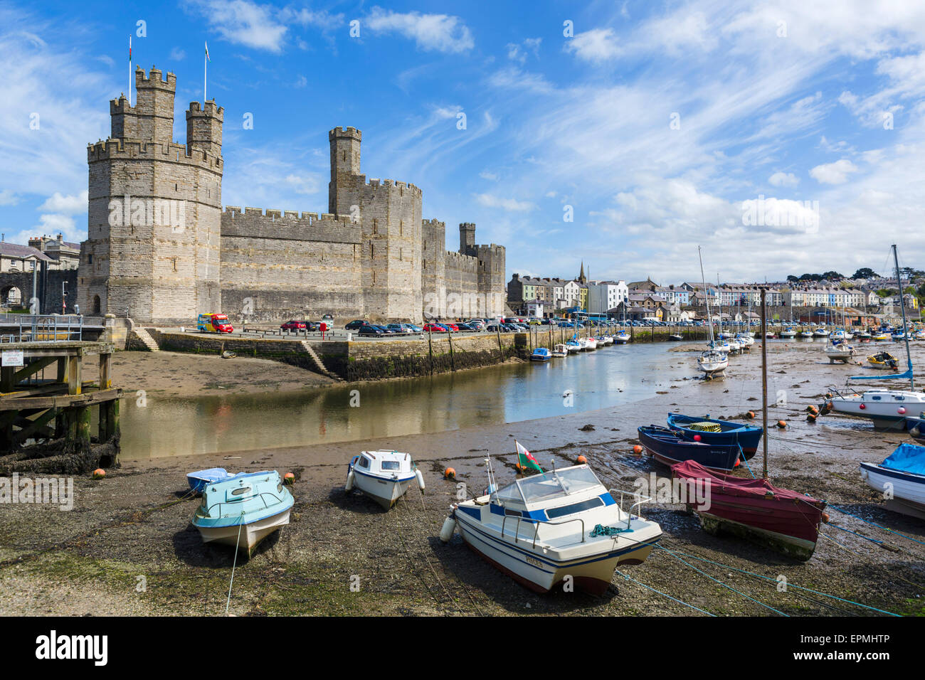Caernarfon Castle from across the River Seiont at low tide, Caernarfon ...