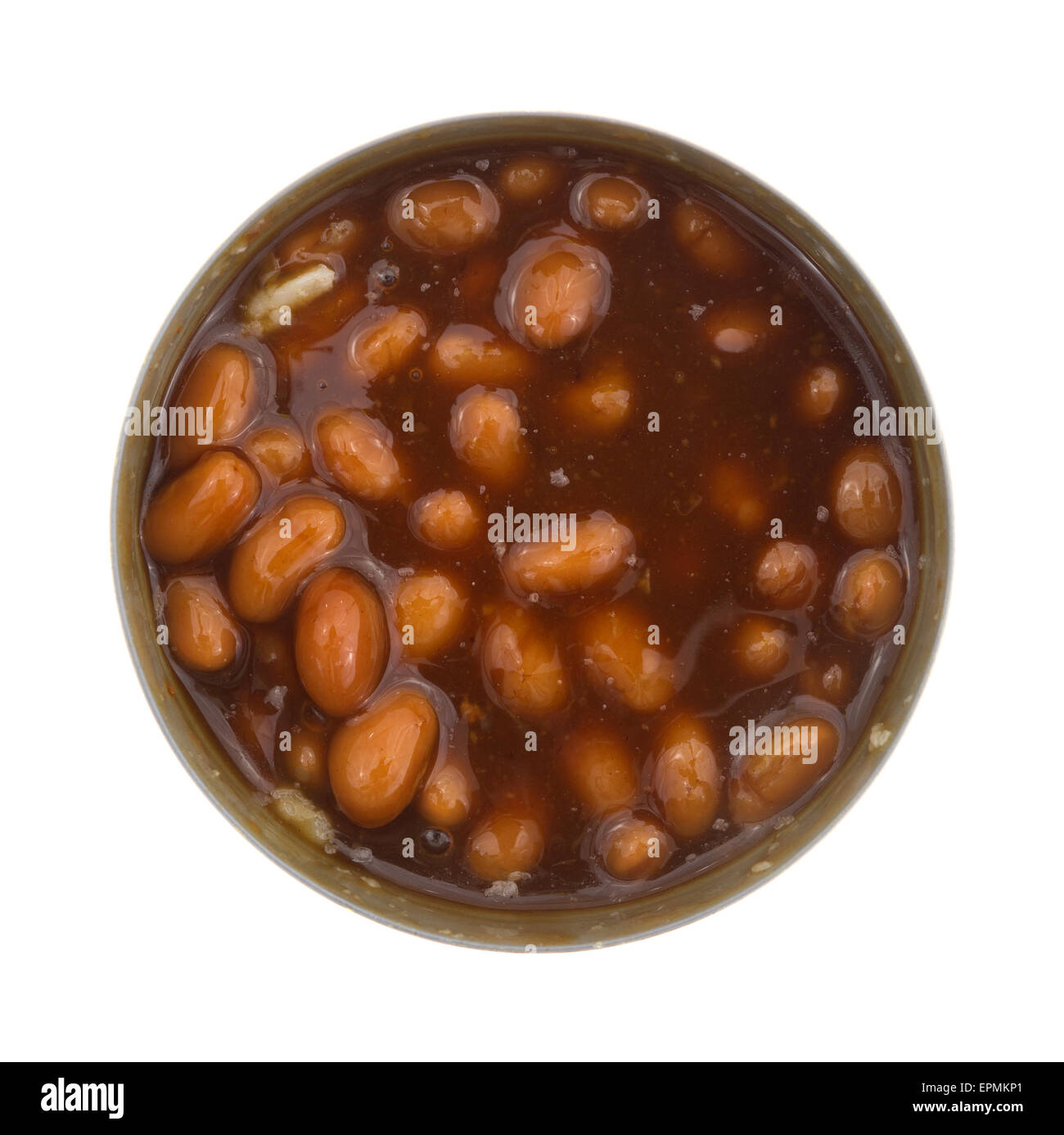 Top view of an opened can of baked beans that has been stirred isolated ...