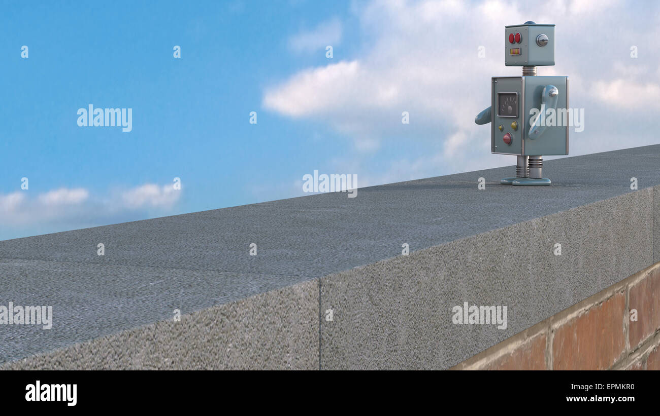 Robot on wall ledge, 3D rendering Stock Photo - Alamy