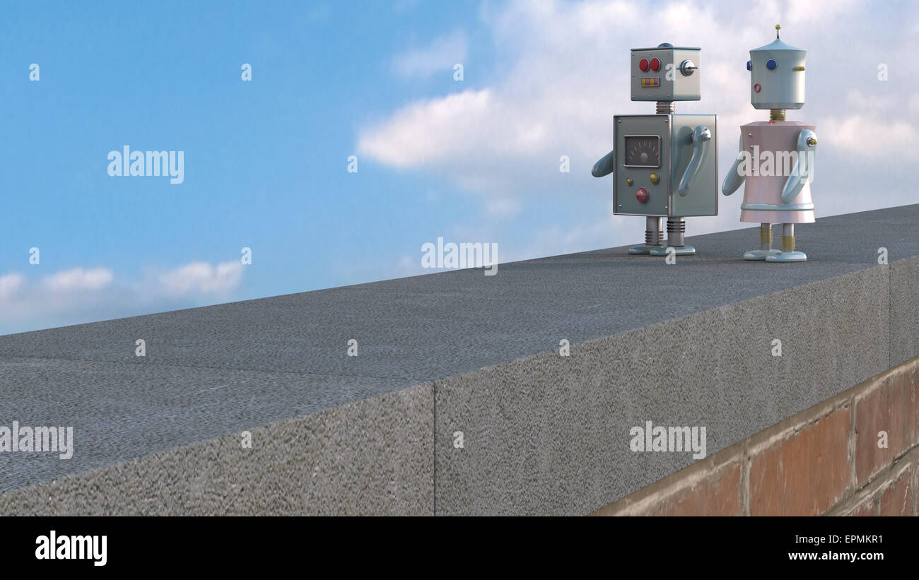 Male and female robot on wall ledge, 3D rendering Stock Photo - Alamy