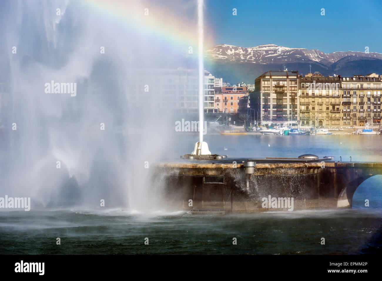 Switzerland, Geneva, fountain of the Jet d'Eau at Lake Geneva Stock ...
