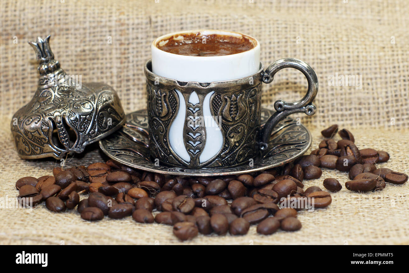 Traditional Turkish coffee with coffee beans Stock Photo - Alamy