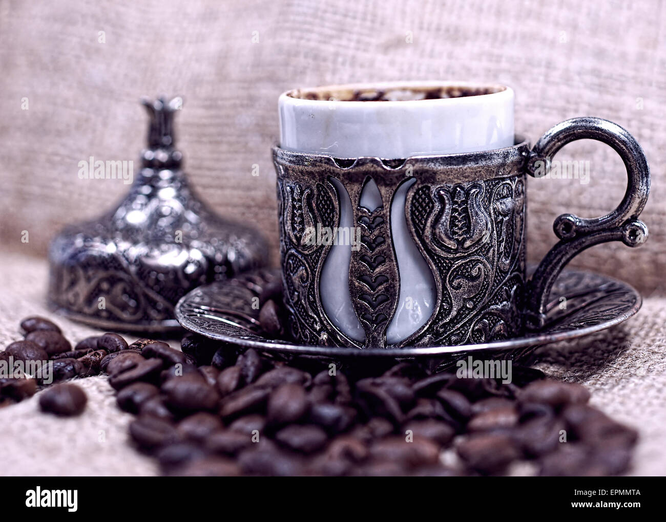 Traditional Turkish coffee with coffee beans Stock Photo - Alamy