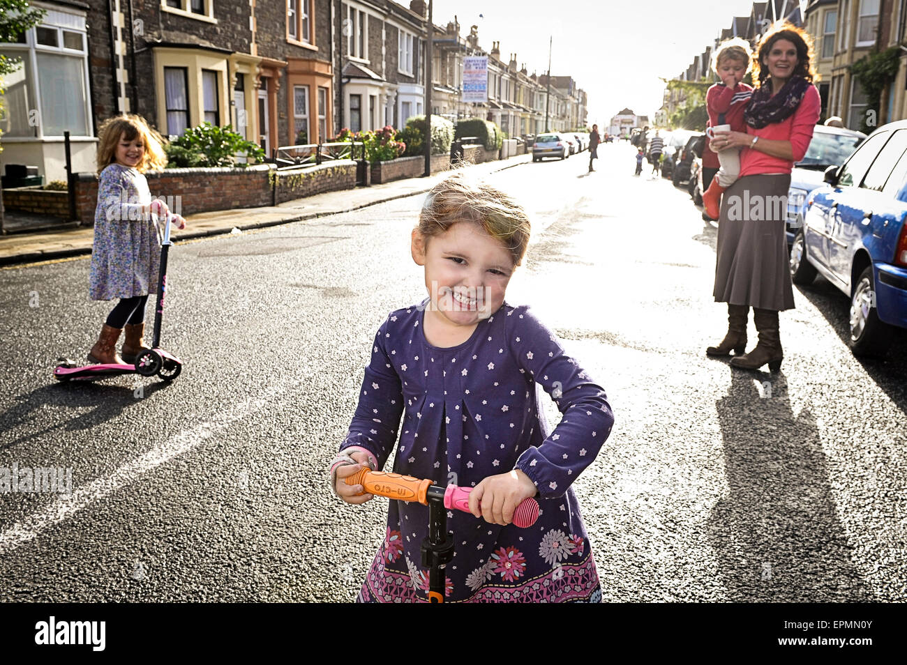 Children safely playing in a closed to traffic street in Bristol as ...