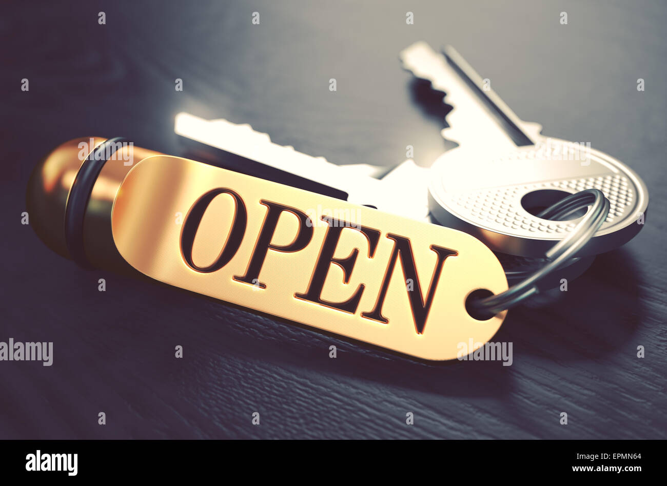 Keys and Golden Keyring with the Word Open over Black Wooden Table with ...
