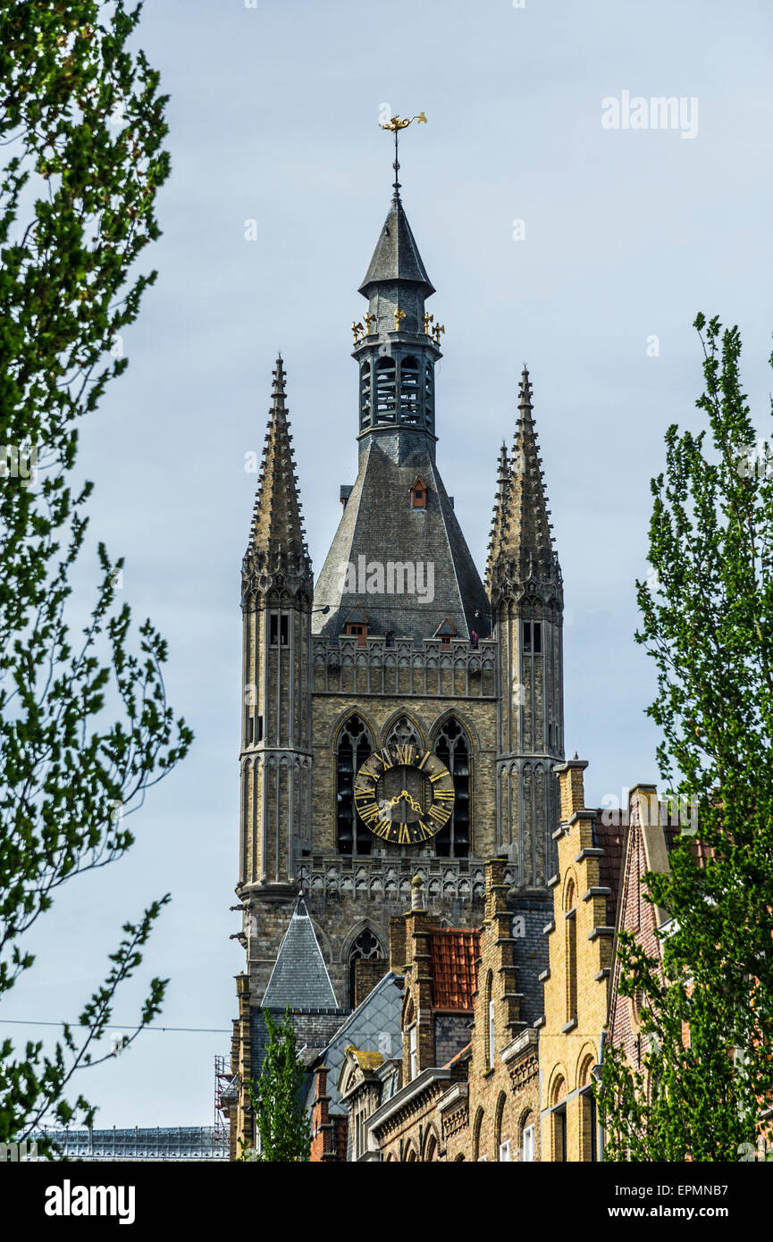 Belgium City of Ypres, Cloth Hall clock tower Stock Photo - Alamy