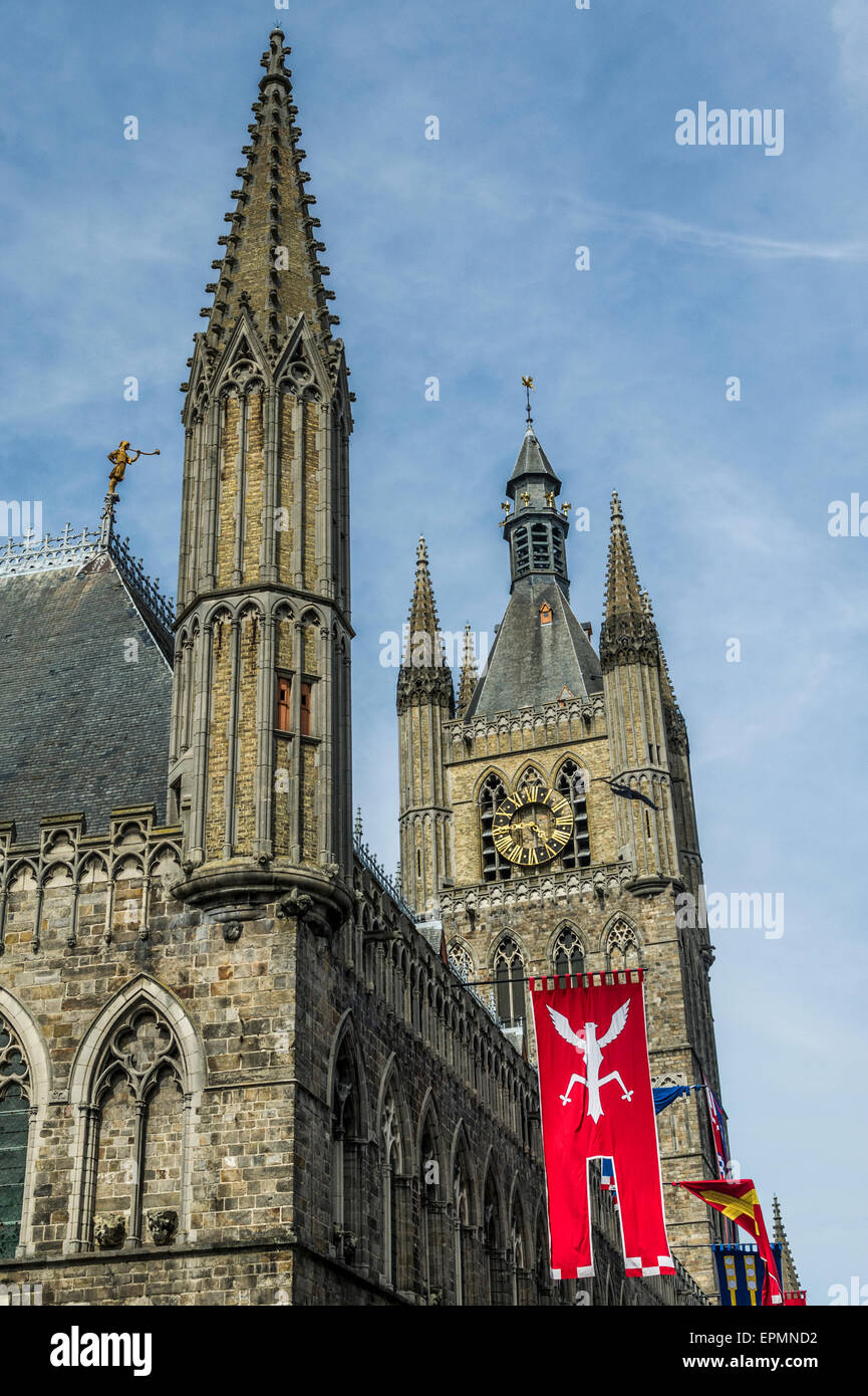 Belgium City of Ypres, Cloth Hall with commerce flags Stock Photo - Alamy