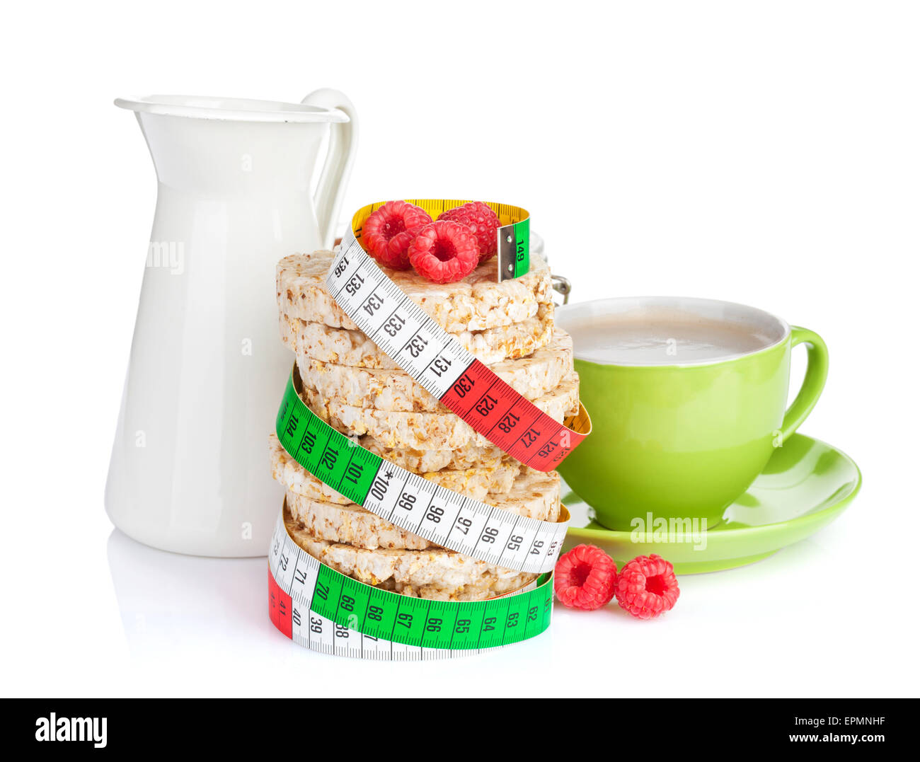 Healthy breakfast with muesli, milk and coffee cup. Isolated on white ...