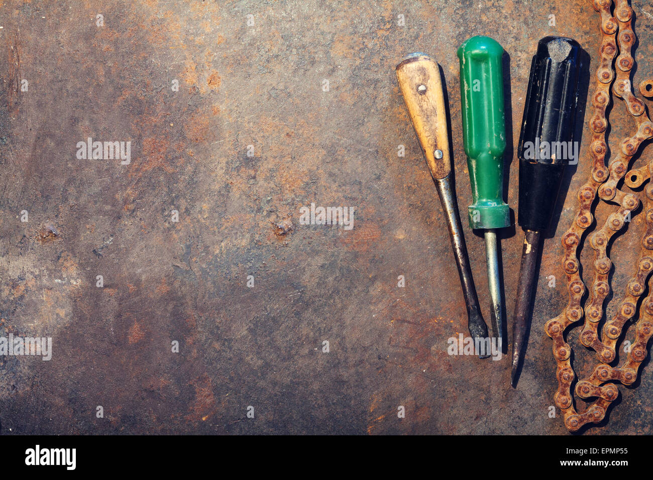 Workbench metal table with old tools. Top view with copy space Stock ...