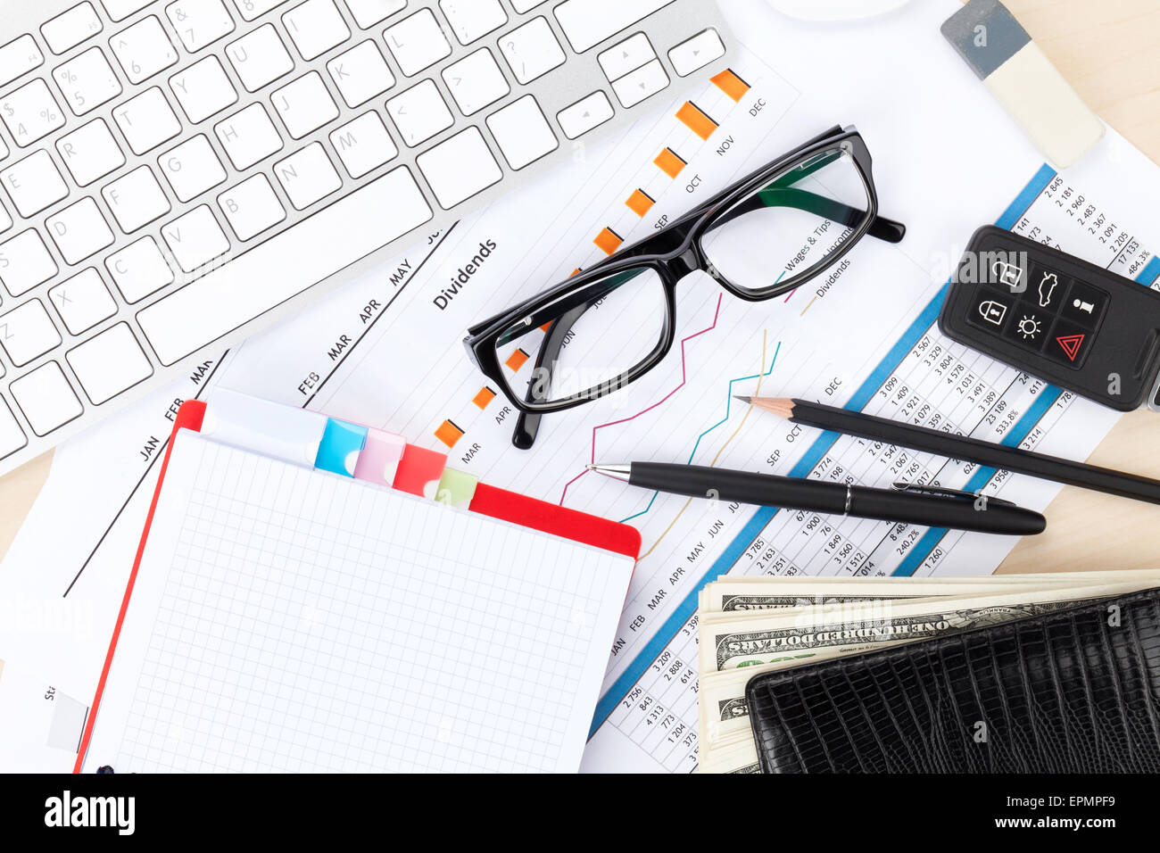 Office table with pc, supplies and money cash. View from above Stock ...