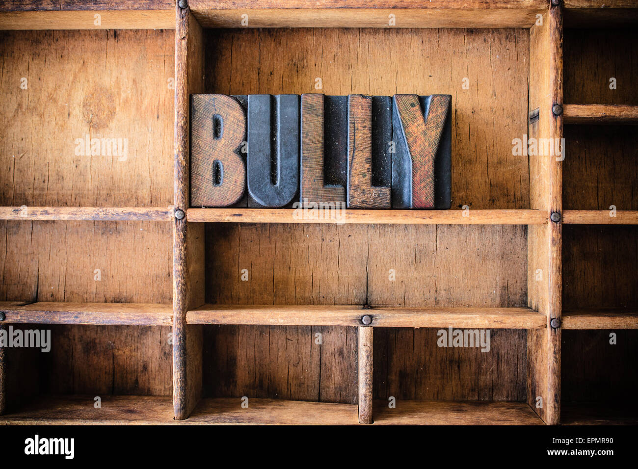 The word BULLY written in vintage wooden letterpress type in a wooden ...