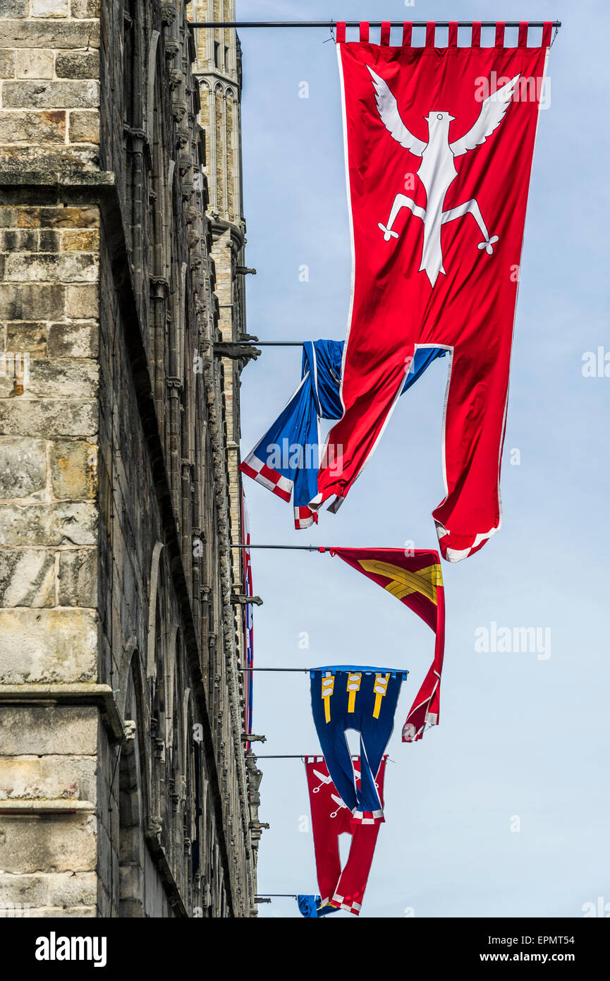 Belgium City of Ypres, Cloth Hall trade-commerce flags Stock Photo - Alamy