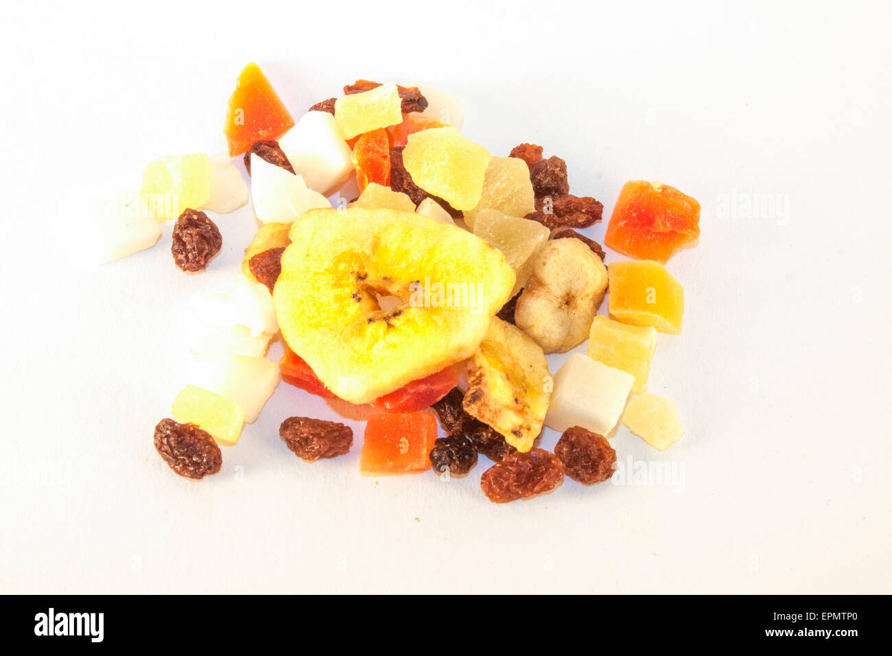 Dry cocos, papaya, raisins, pineapple and banana. Isolated on white ...