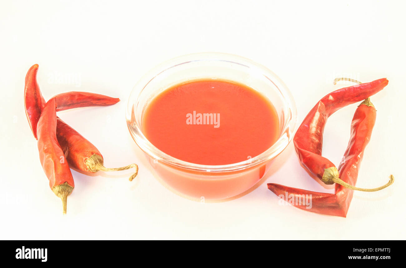 Red chili sauce, isolated on white background Stock Photo - Alamy