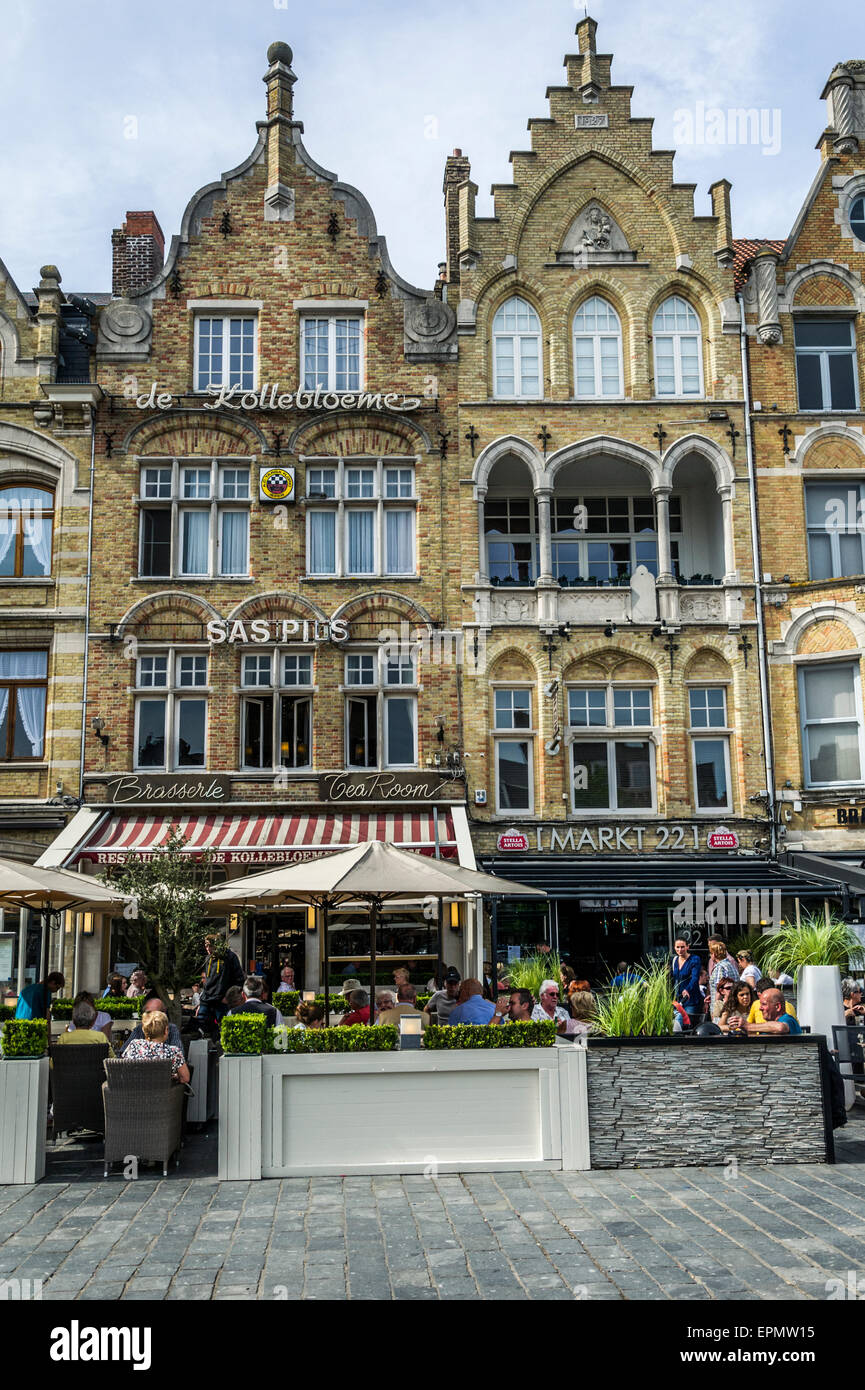 Belgium City of Ypres, Flemish architecture and cafe culture Stock ...