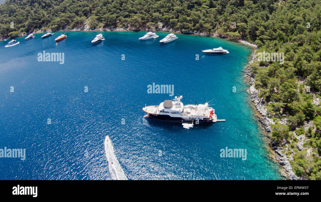 Aerial view of anchored boats in Sarsala Bay, Gocek Turkey Stock Photo ...