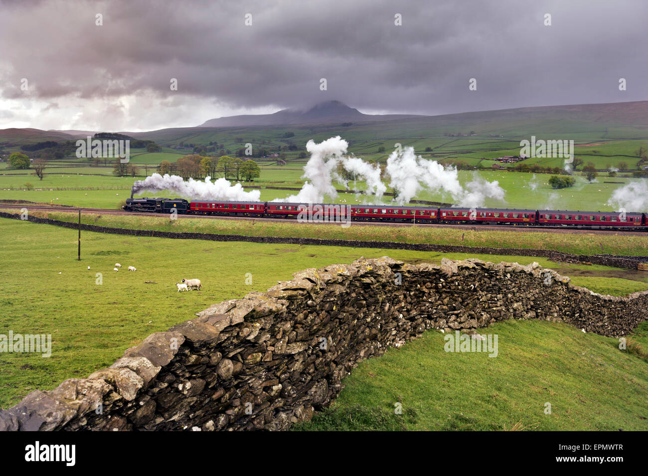 Yorkshire Dales, UK. 19th May, 2015. Steam locomotive 'Leander' takes ...