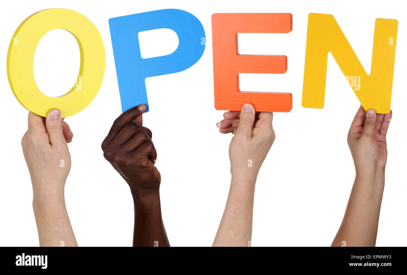 Multi ethnic group of people holding the word open isolated Stock Photo ...