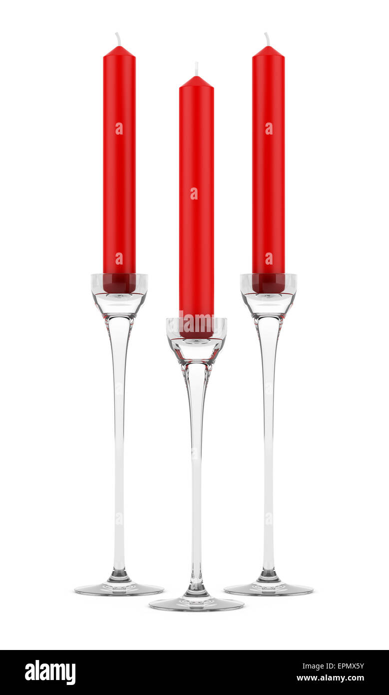 three glass candlesticks with red candles isolated on white background ...