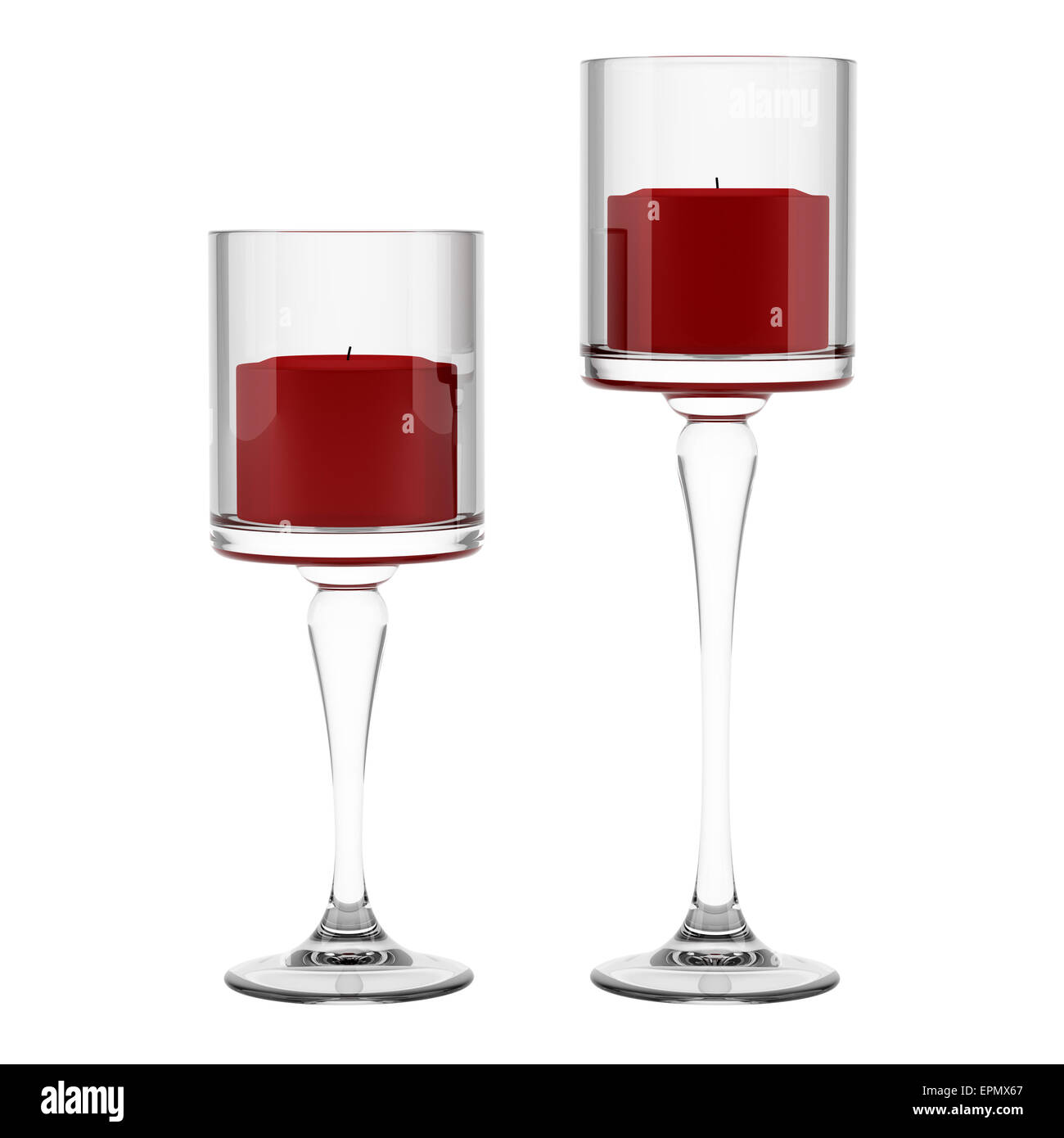two glass candlesticks with red candles isolated on white background ...