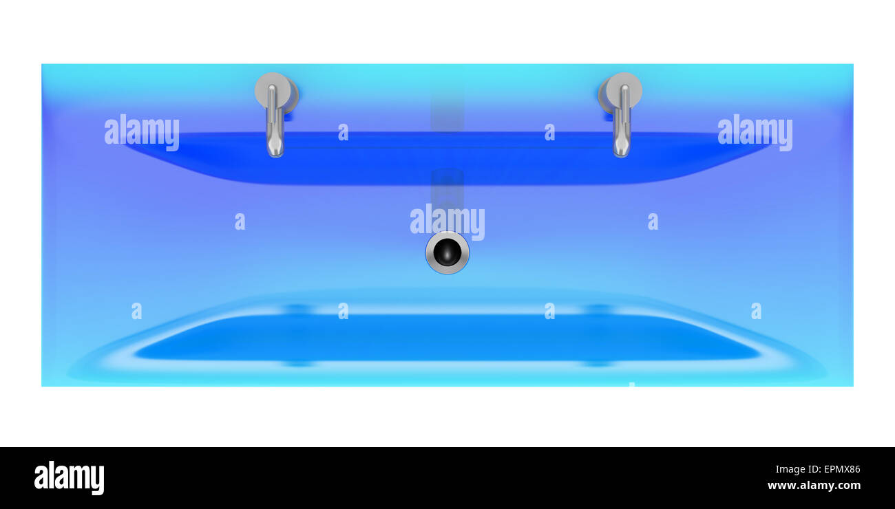 top view of modern blue glass double bathroom sink isolated on white ...