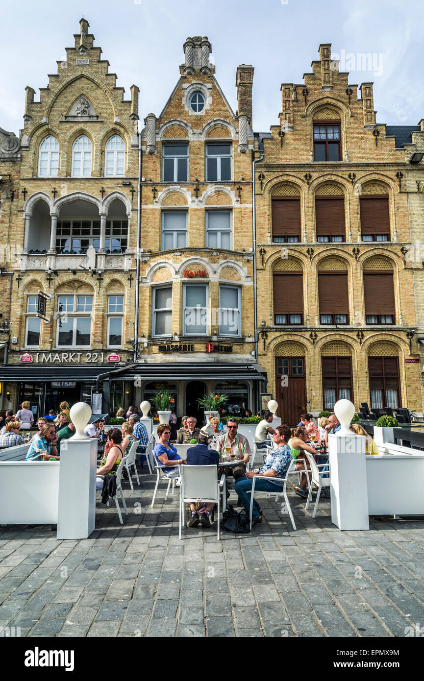 Belgium City of Ypres, Flemish architecture and cafe culture Stock ...