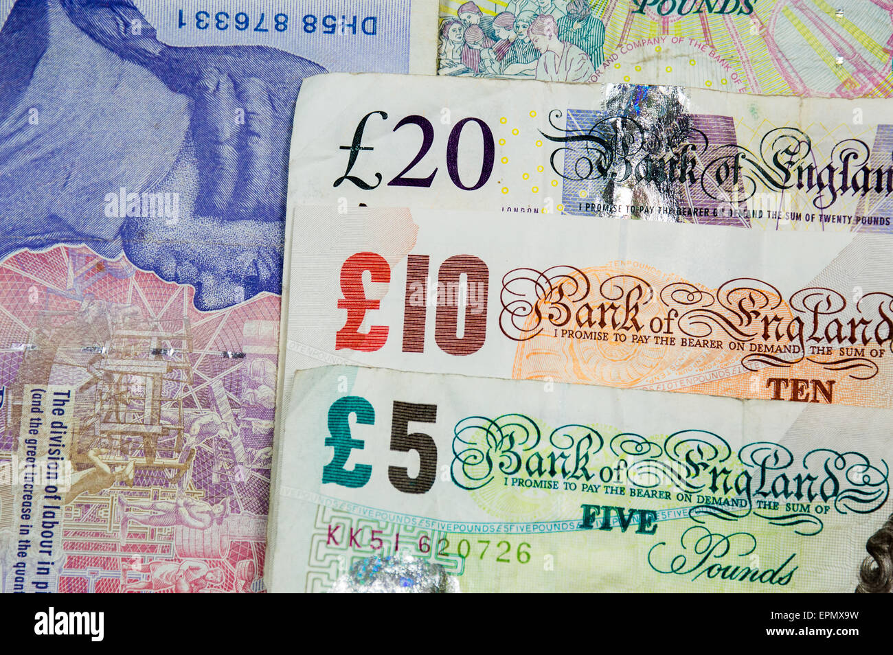 United Kingdom Five, Ten and Twenty Pound Notes Denominations Front ...