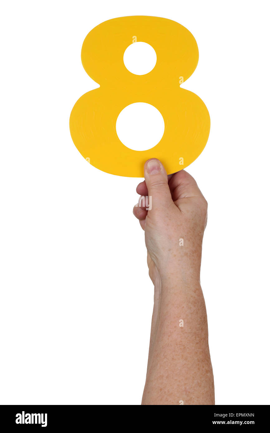 Hand holding number 8 isolated on a white background Stock Photo - Alamy