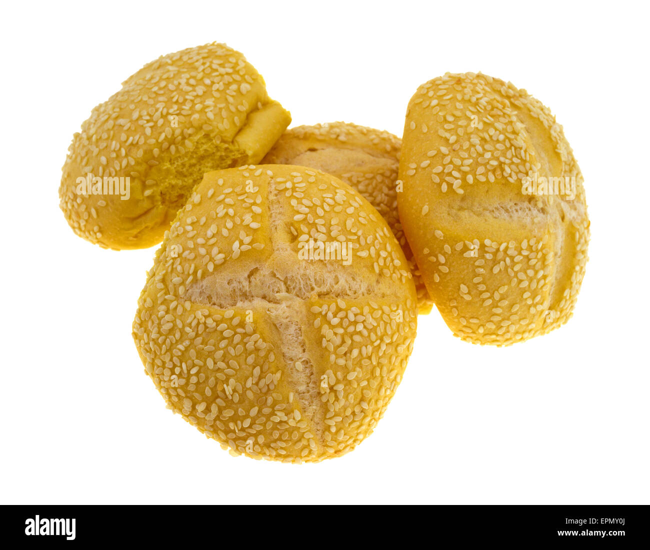 A small group of freshly baked sesame seed sandwich rolls isolated on a ...
