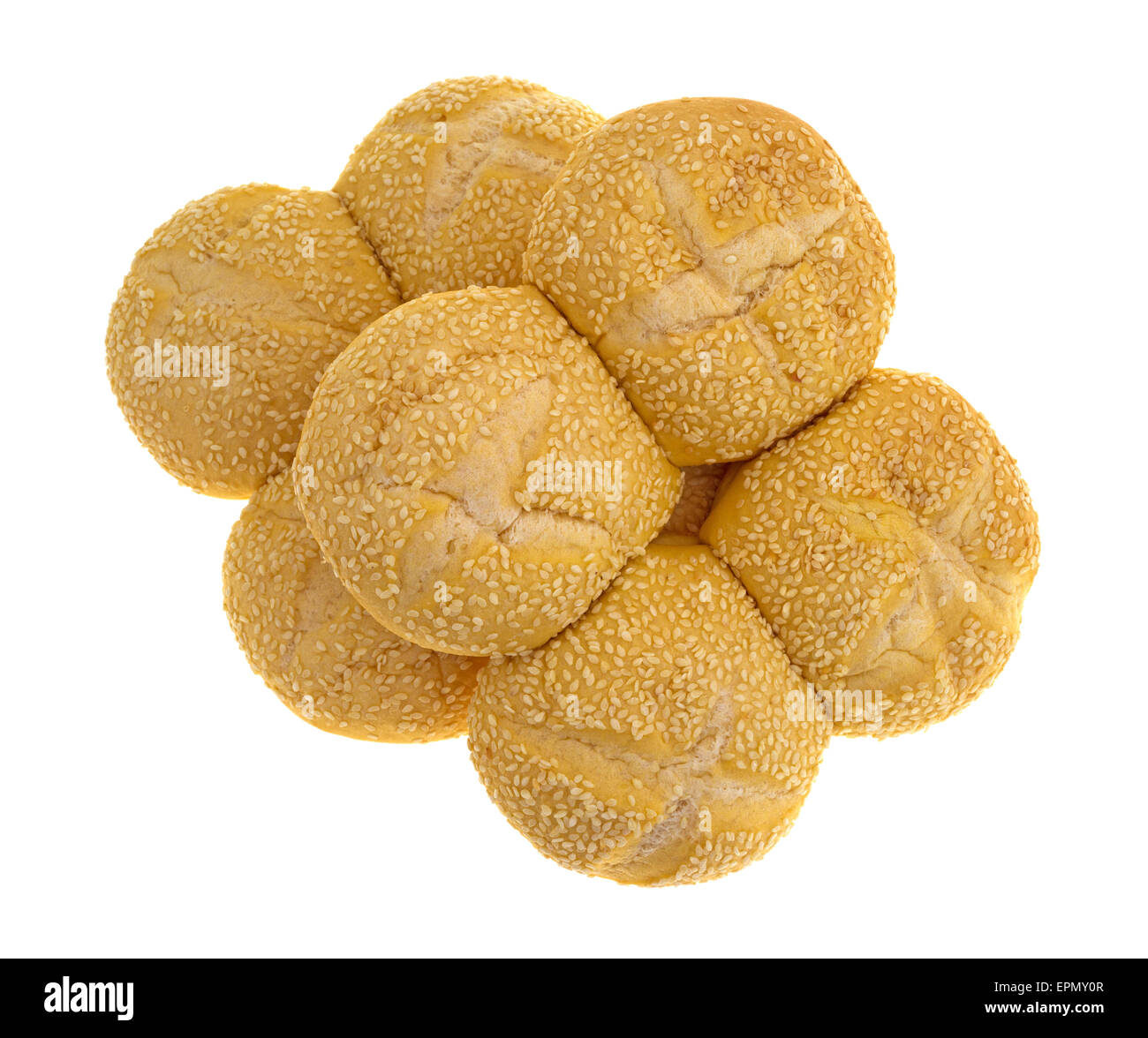 A group of freshly baked sesame seed bulky sandwich rolls on a white ...
