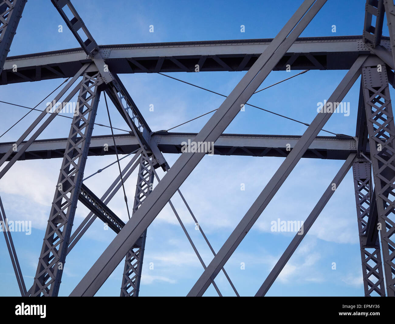 Detail shot of an historic gray painted Dutch riveted truss bridge ...