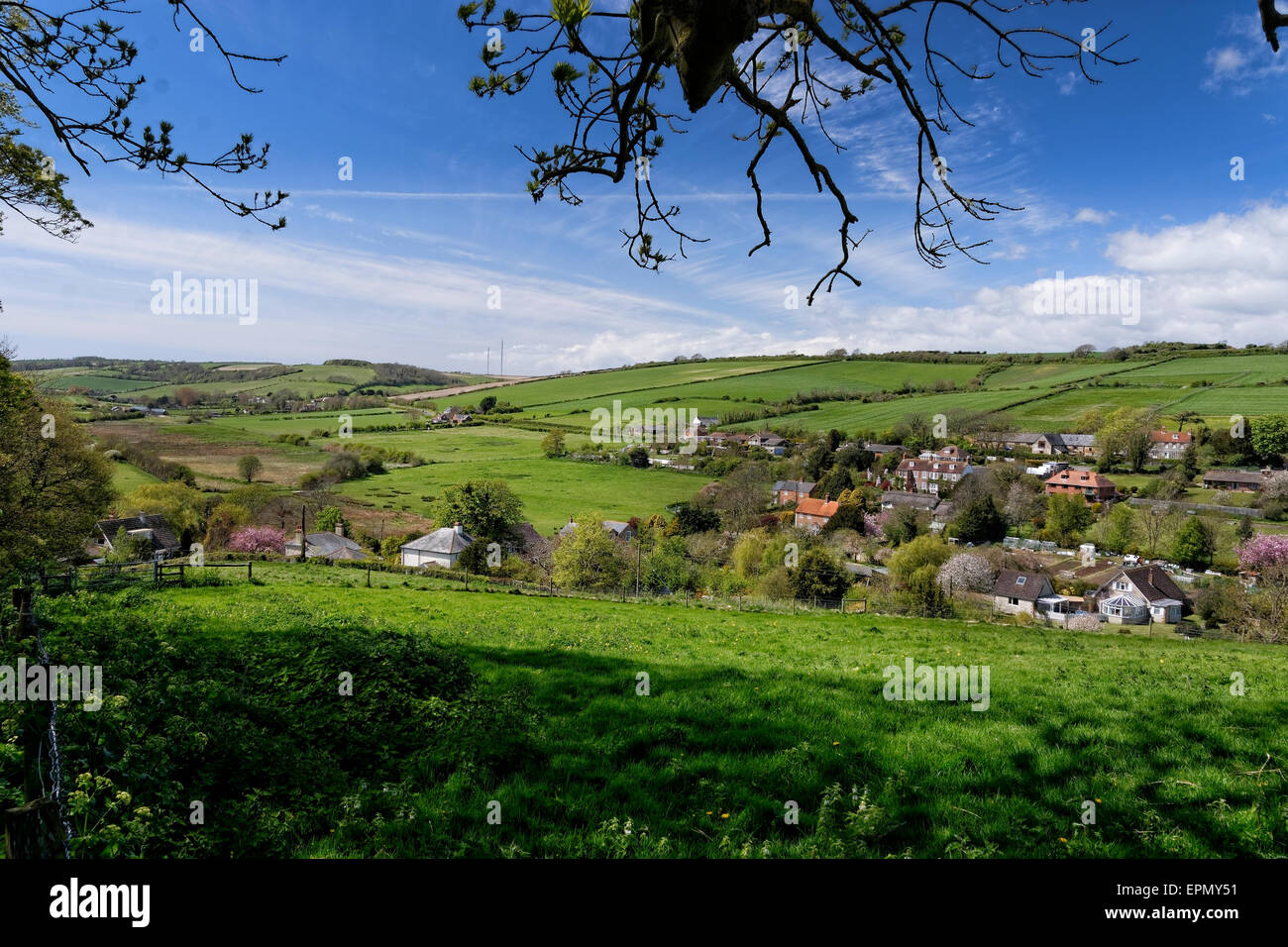 A view high above Bowcombe nestling in Isle of Wight downland landscape ...
