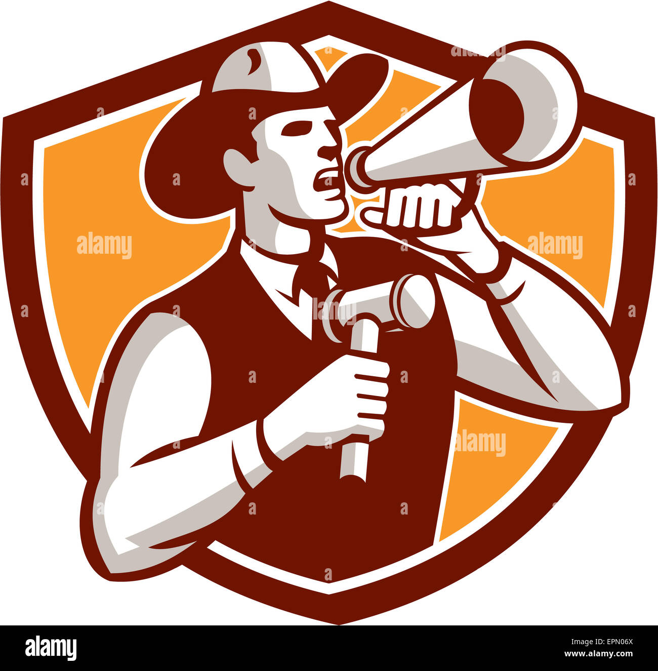Illustration of a cowboy auctioneer holding bullhorn and gavel shouting ...