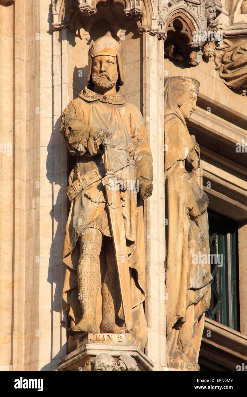 Detail of 15th-century statues of two knights/noblemen on the Gothic ...
