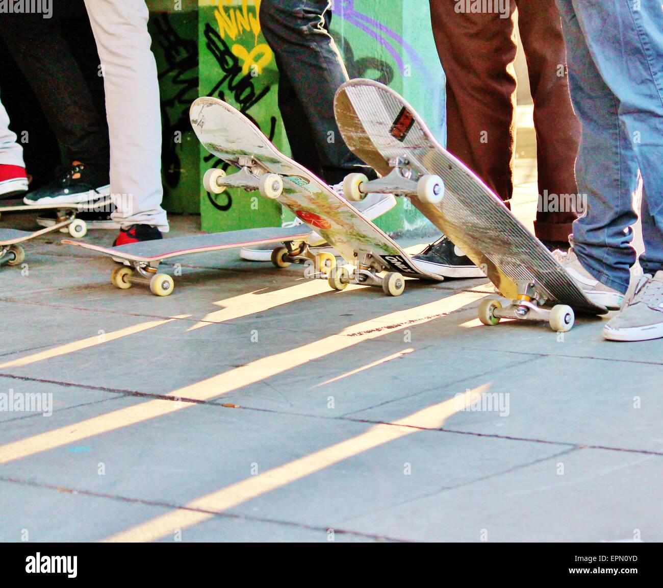 skateboard friends Group of skateboarders in a row with skateboards and ...