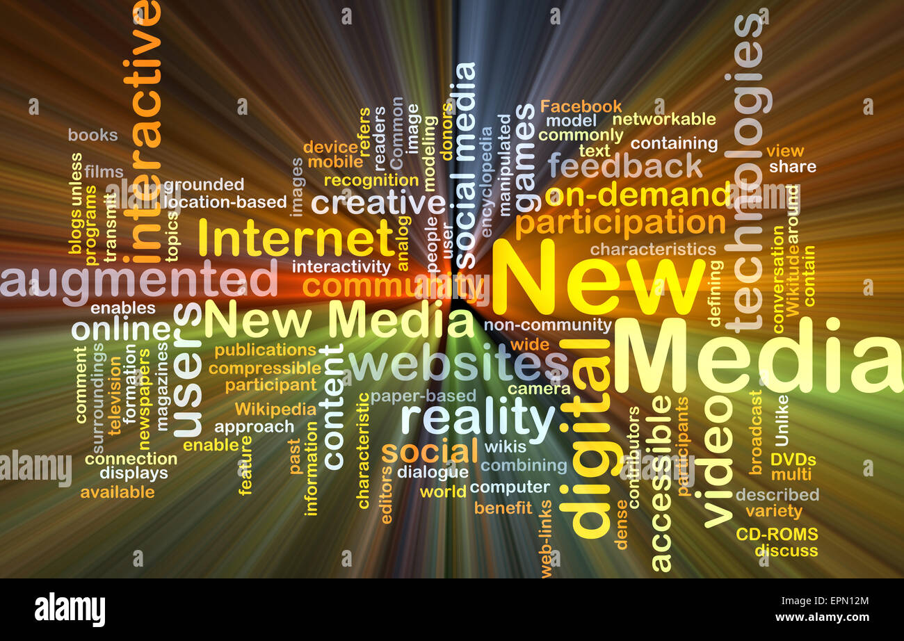 Background concept wordcloud illustration of new media glowing light ...