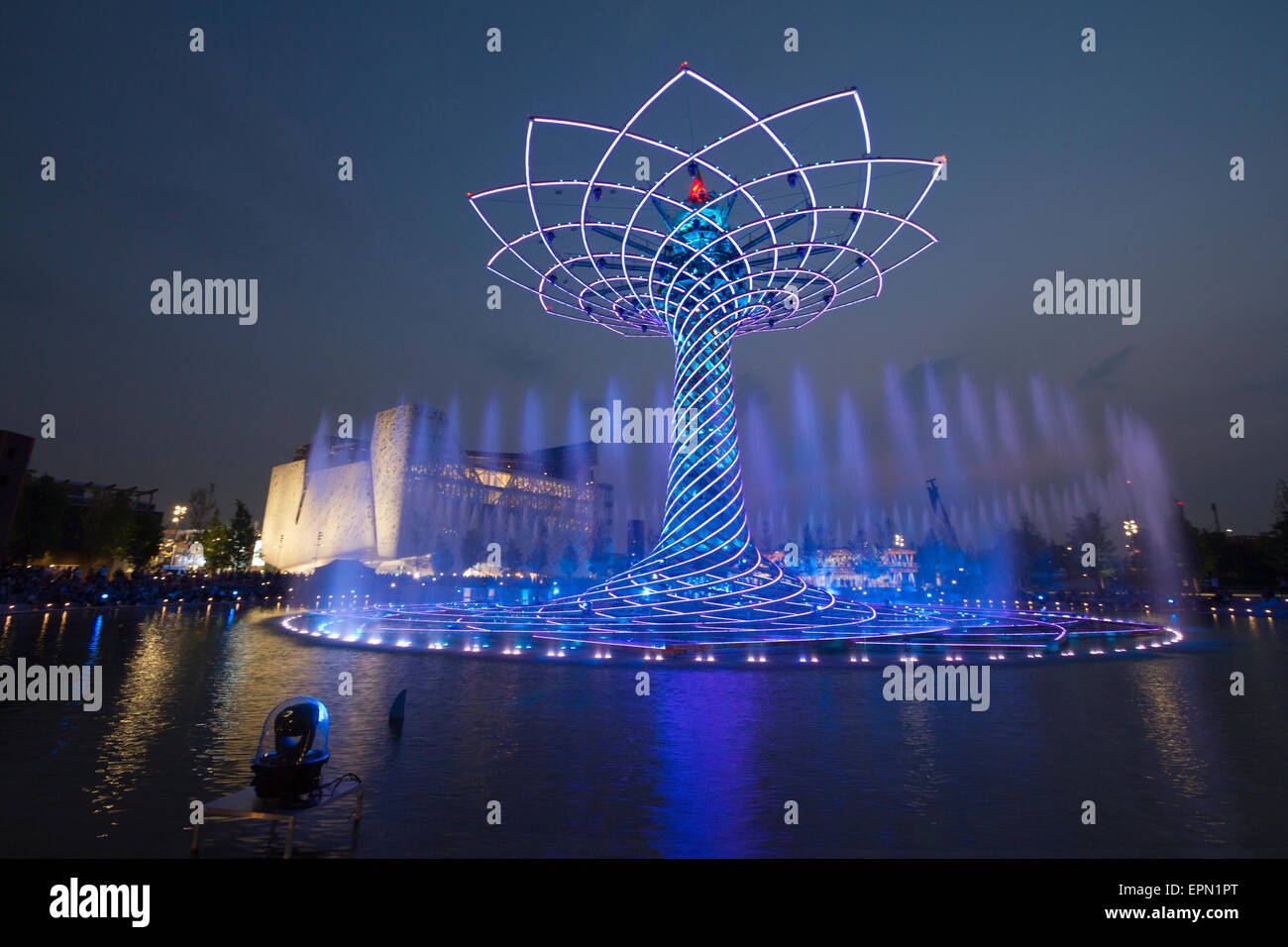 Milan, Italy, 5th May 2015. Light show around the Tree of Life fountain ...