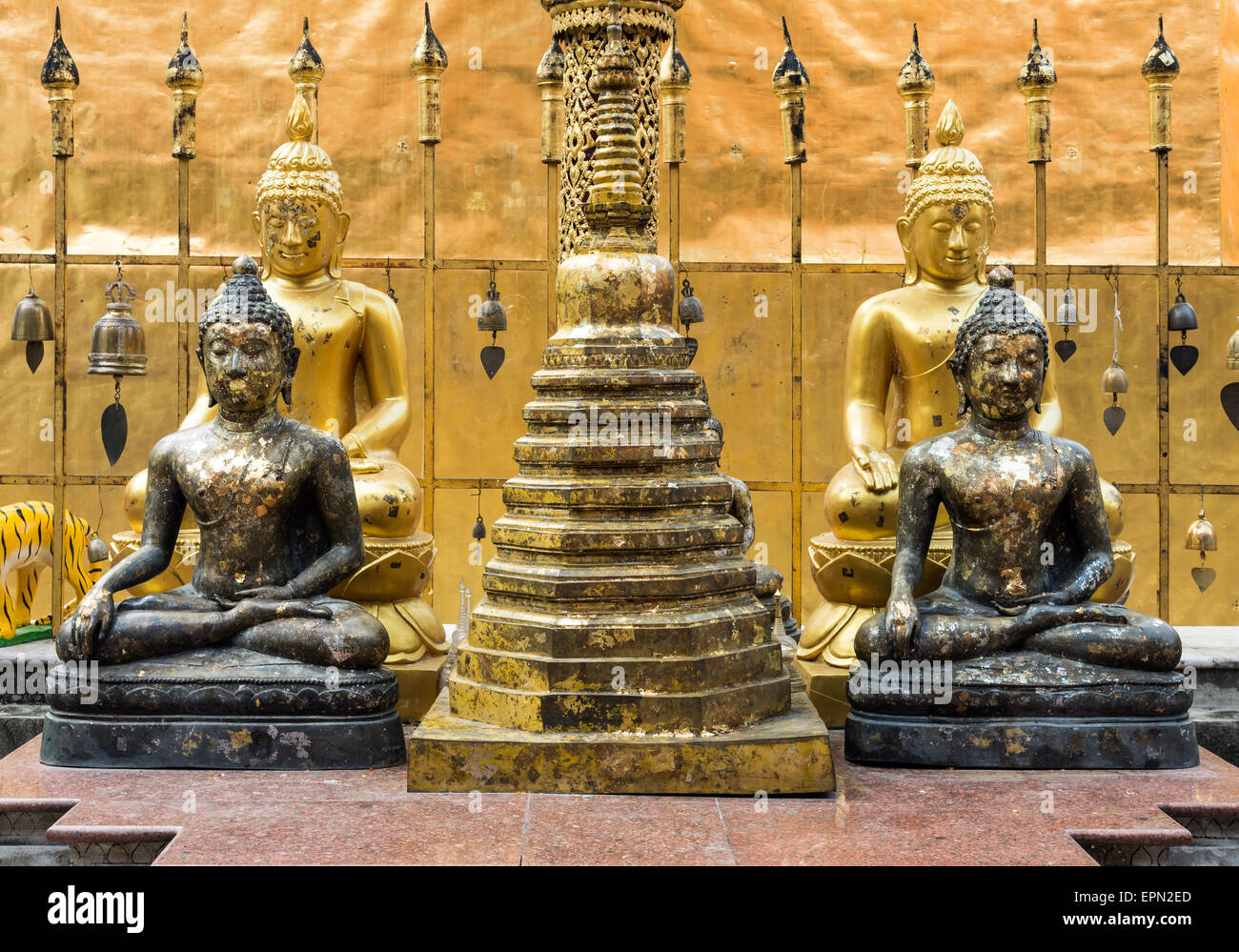 Small Buddha statue near the pagoda model in the Chiang Mai,Thailand ...