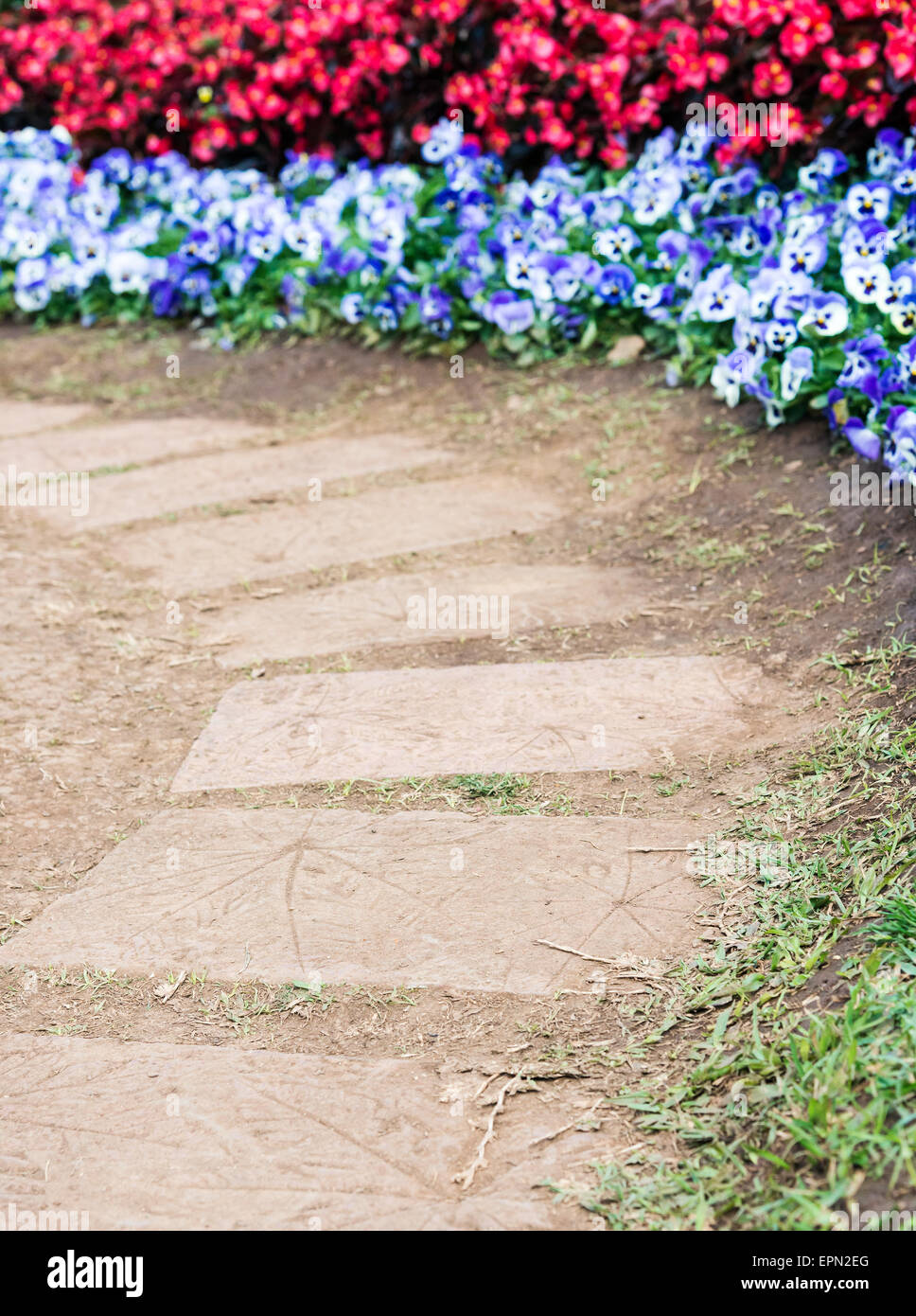 Curve block pathway with the colorful blooming garden Stock Photo - Alamy
