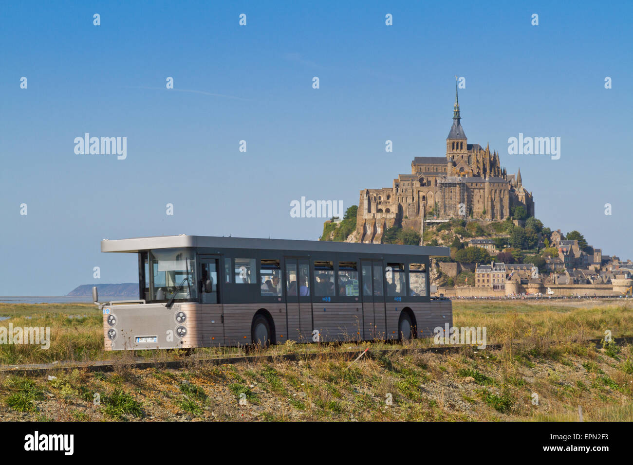 Mont Saint Michel visitors shuttle bus, Normandy France Stock Photo - Alamy