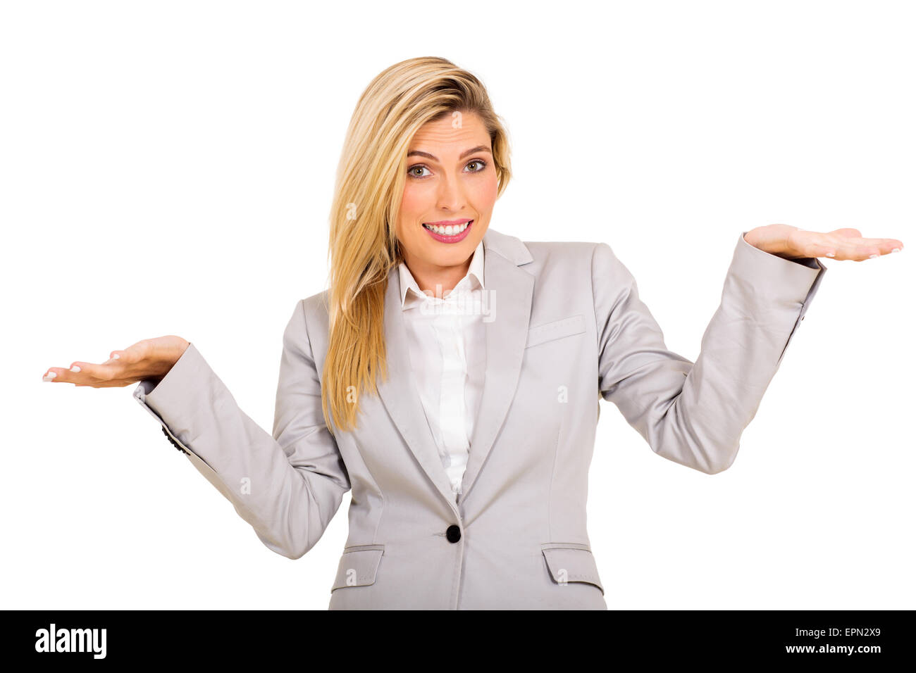 pretty businesswoman making do not know sign Stock Photo - Alamy
