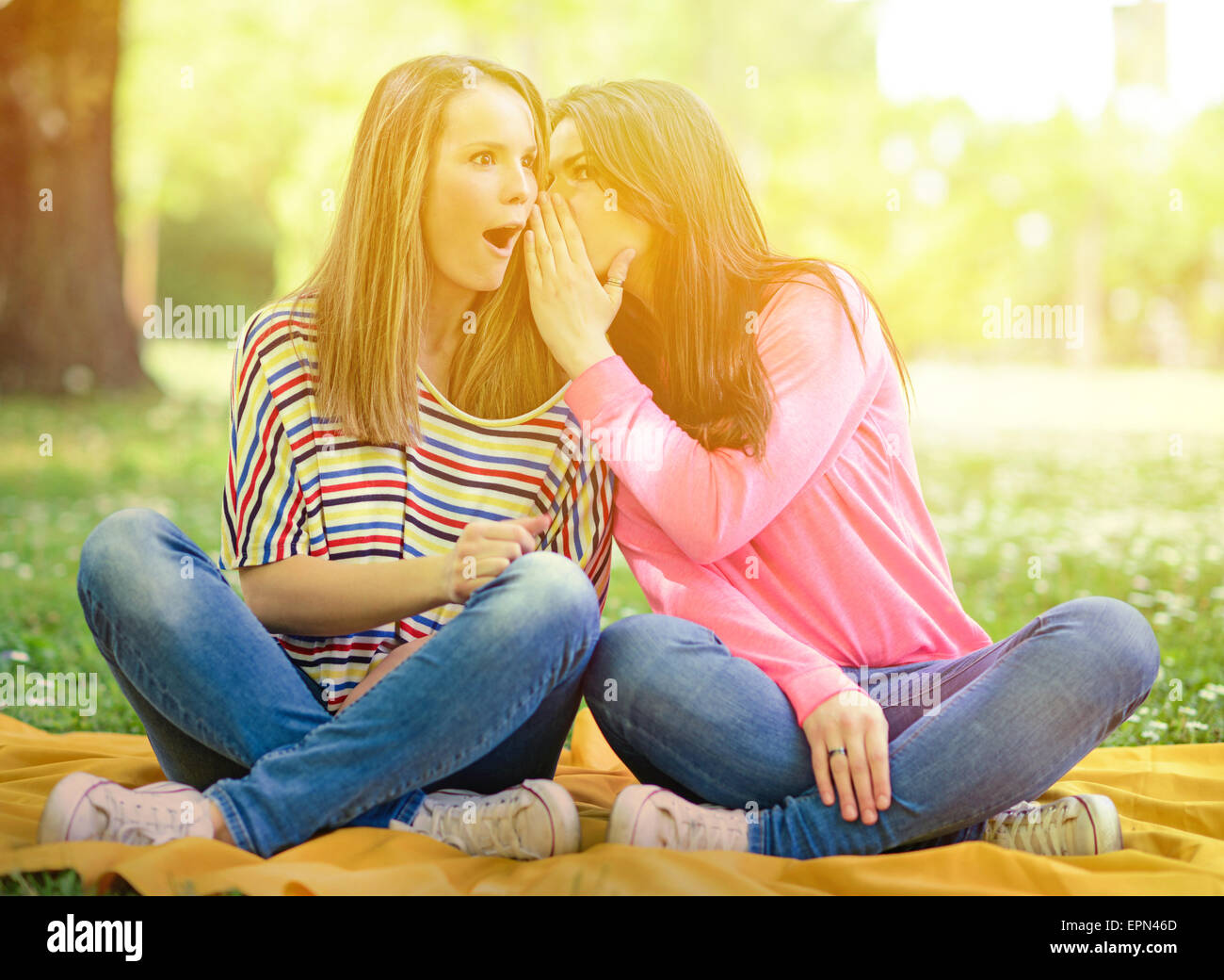 Two girl friends whispering secrets at park Stock Photo - Alamy